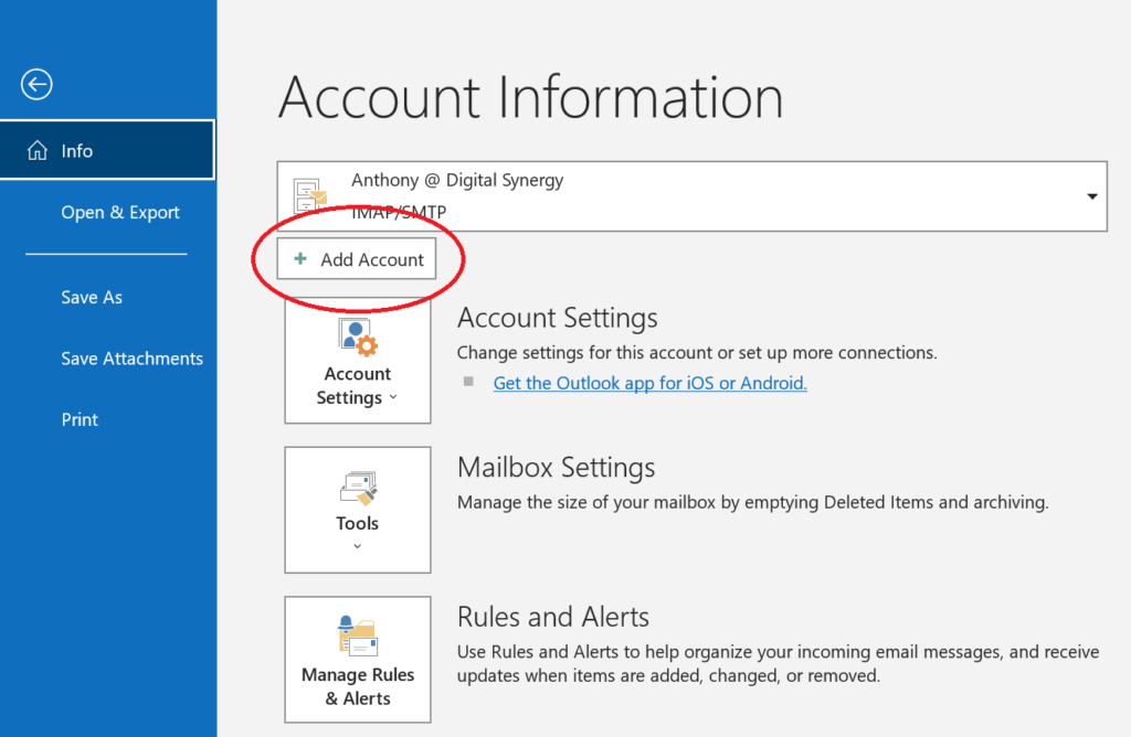 Outlook 2016, 2019, or Microsoft 365 Setup Guide | Digital Synergy